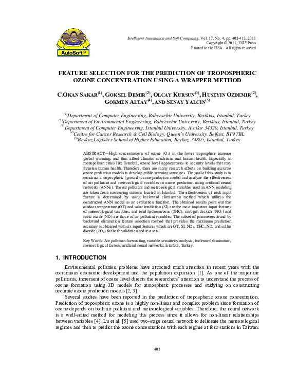 Pdf Ozone Prediction Via Feature Selection Methods