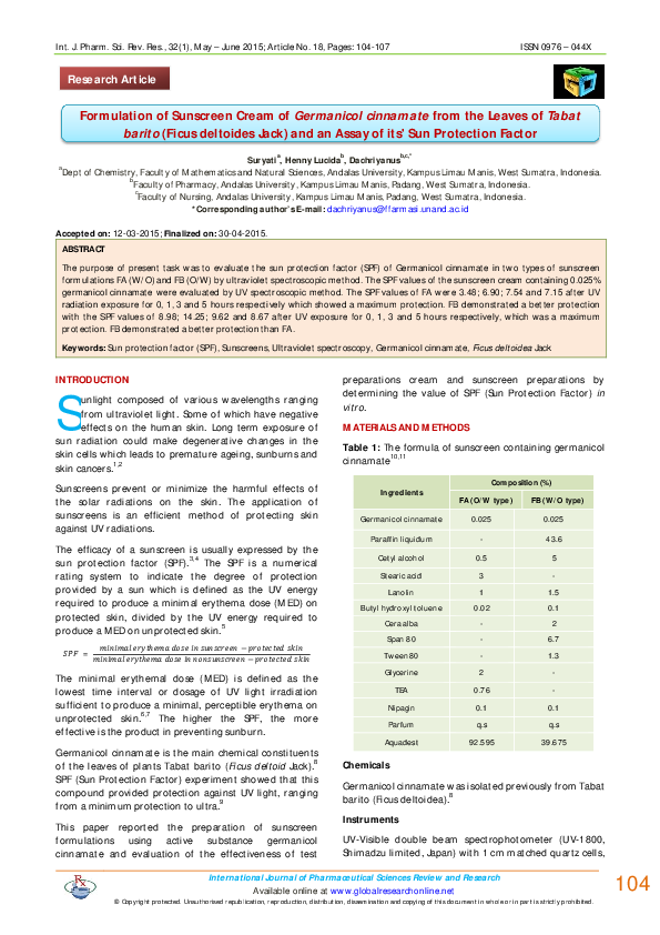 (PDF) Formulation of Sunscreen Cream of Germanicol cinnamate from the ...