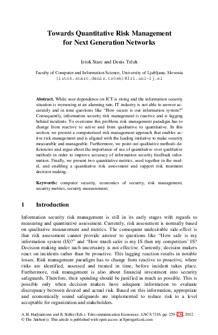 (PDF) Towards Quantitative Risk Management for Next Generation Networks