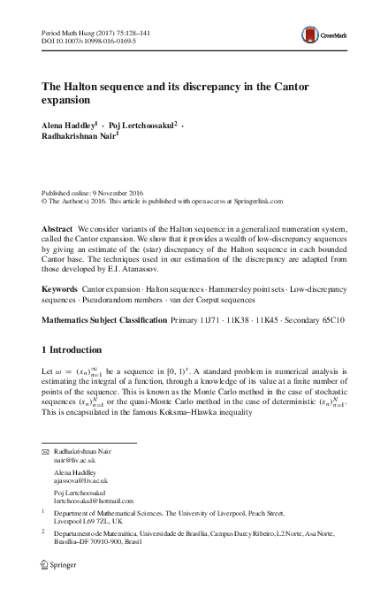 (PDF) The Halton sequence and its discrepancy in the Cantor expansion