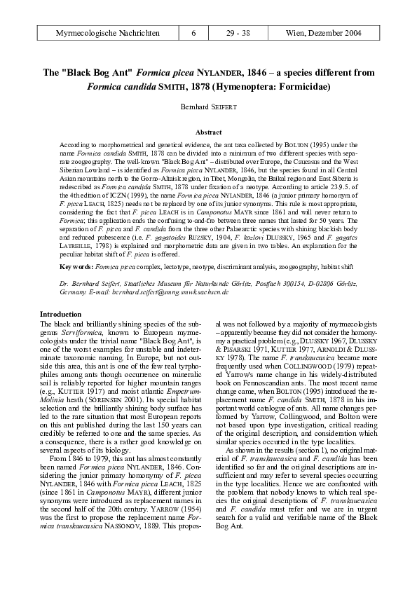 (PDF) The "Black Bog Ant" Formica picea NYLANDER, 1846 - a species ...