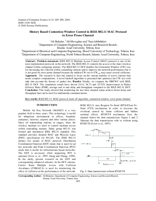 (PDF) History based contention window control in ieee 802.11 mac protocol in error prone channel