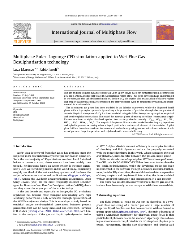 Pdf Multiphase Euler Lagrange Cfd Simulation Applied To Wet Flue Gas Desulphurisation