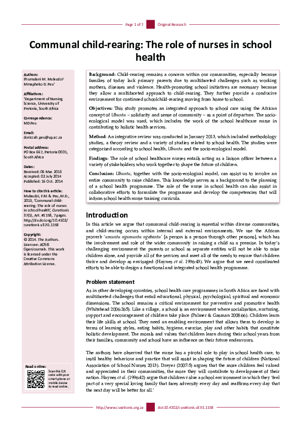 (PDF) Communal child-rearing: The role of nurses in school health