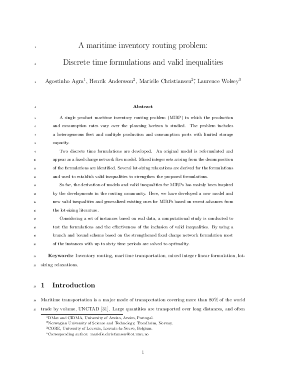Pdf A Maritime Inventory Routing Problem Discrete Time Formulations And Valid Inequalities