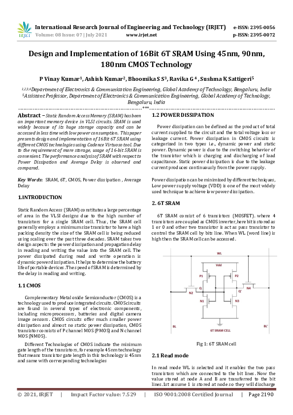 (PDF) IRJET- Design and Implementation of 16Bit 6T SRAM Using 45nm, 90nm, 180nm CMOS Technology