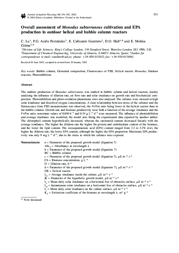(PDF) Overall assessment of Monodus subterraneus cultivation and EPA ...