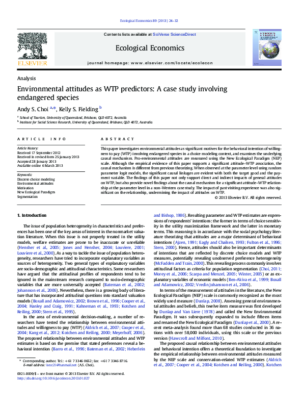 (PDF) Environmental attitudes as WTP predictors: A case study involving ...