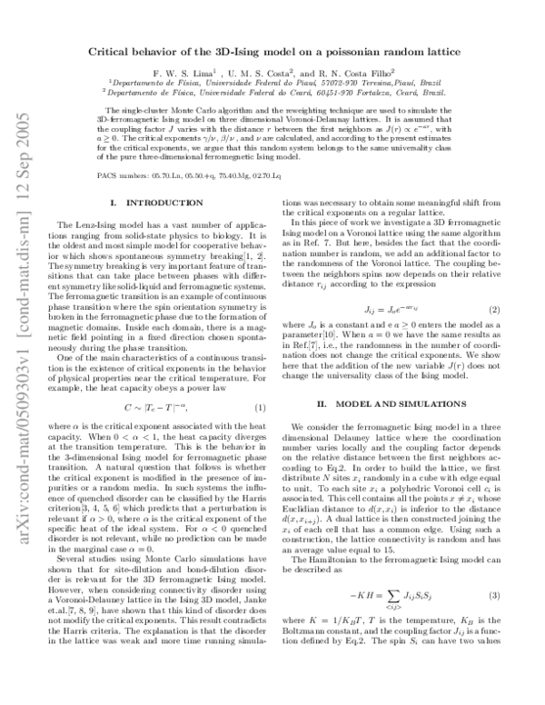 (PDF) Critical behavior of the 3D Ising model on a poissonian random lattice