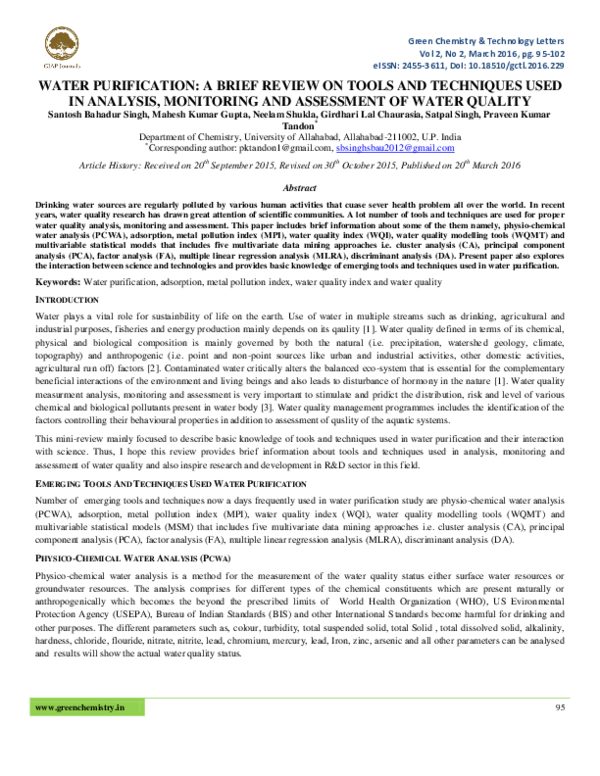 (PDF) Water Purification: A Brief Review on Tools and Techniques Used ...