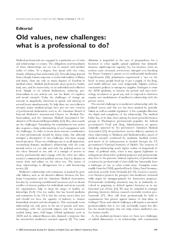 (PDF) Old values, new challenges: what is a professional to do?