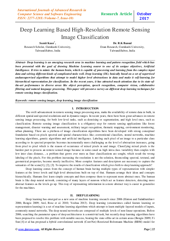 Pdf Deep Learning Based High Resolution Remote Sensing Image Classification