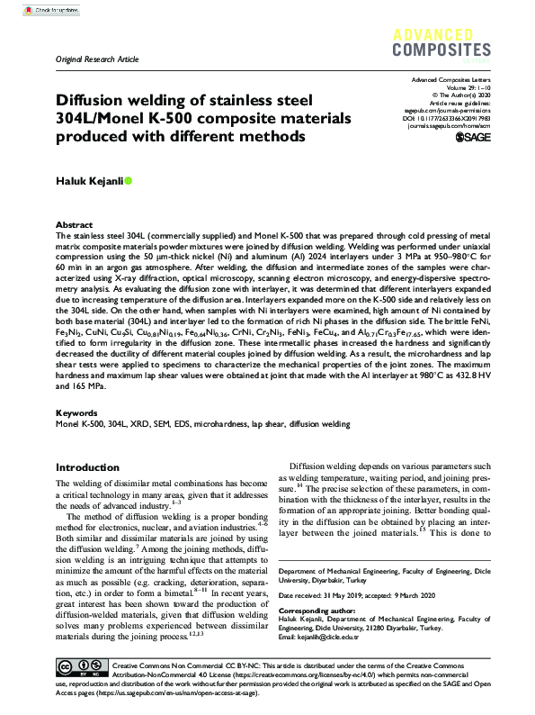 (PDF) Diffusion welding of stainless steel 304L/Monel K-500 composite materials produced with ...