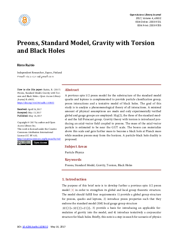 (PDF) Preons, Standard Model, Gravity with Torsion and Black Holes