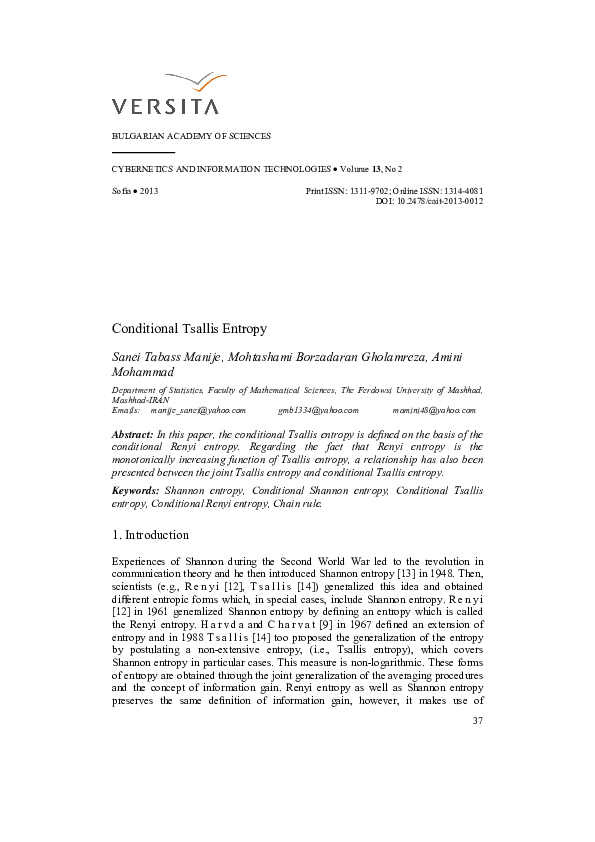 (PDF) Conditional Tsallis Entropy