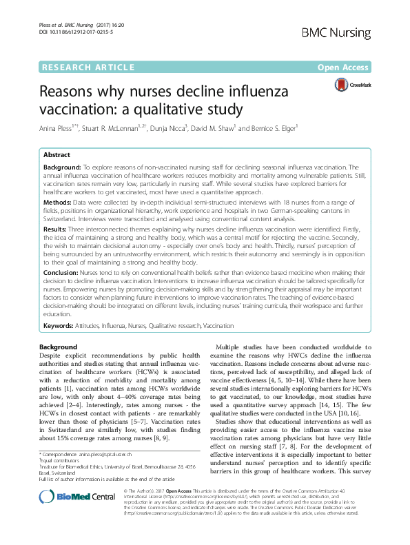 (PDF) Reasons why nurses decline influenza vaccination: a qualitative study