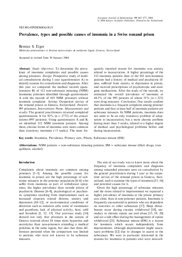 (PDF) Prevalence, Types and Possible Causes of Insomnia in a Swiss ...