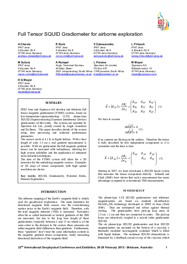 (PDF) Full Tensor SQUID Gradiometer for airborne exploration