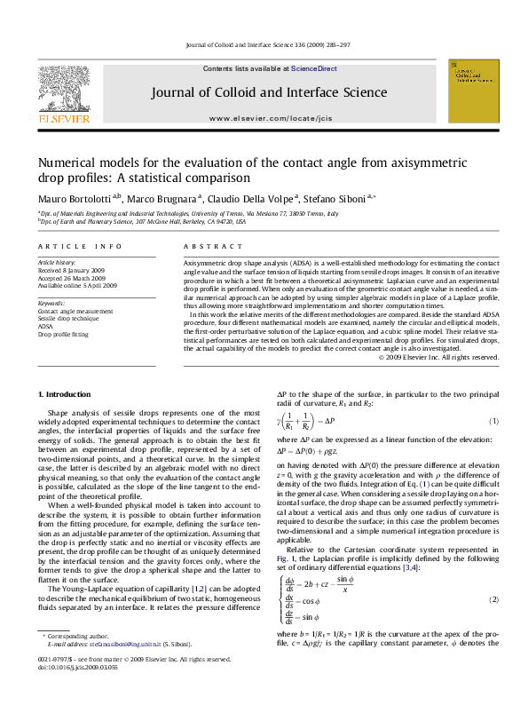 (PDF) Numerical models for the evaluation of the contact angle from axisymmetric drop profiles ...