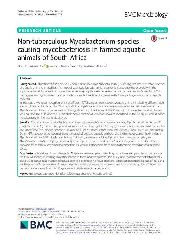 (PDF) Non-tuberculous Mycobacterium species causing mycobacteriosis in farmed aquatic animals of ...