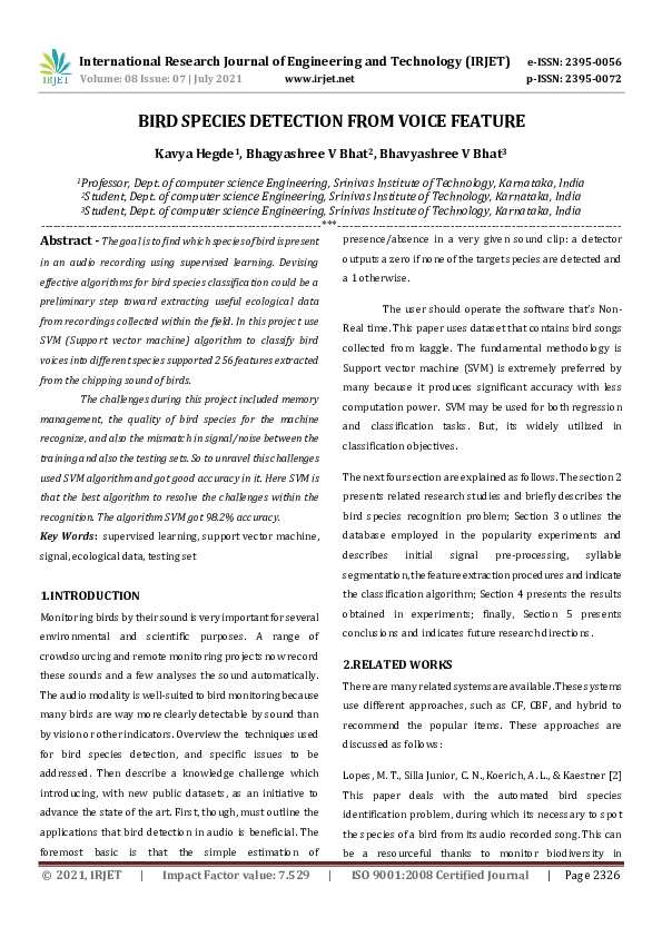 (PDF) BIRD SPECIES DETECTION FROM VOICE FEATURE