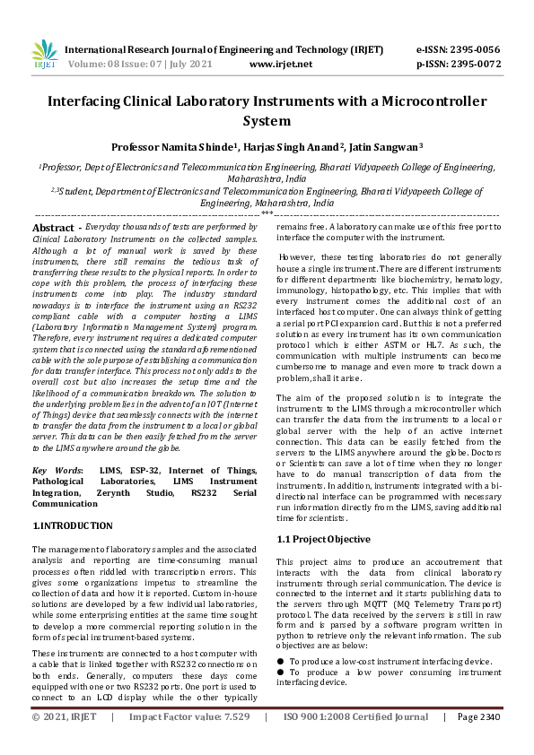 (PDF) IRJET- Interfacing Clinical Laboratory Instruments with a Microcontroller System