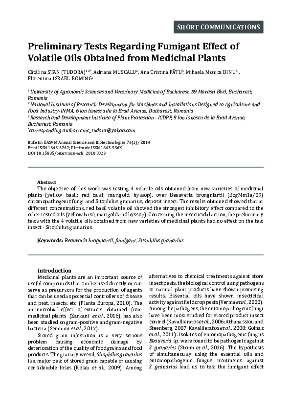 (PDF) Preliminary Tests Regarding Fumigant Effect of Volatile Oils ...