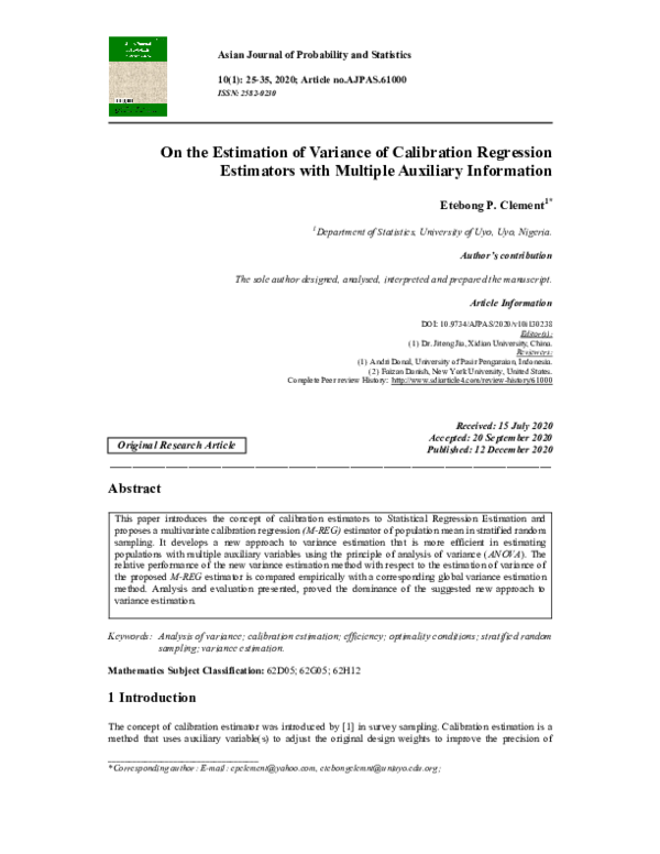 Pdf On The Estimation Of Variance Of Calibration Regression Estimators With Multiple Auxiliary