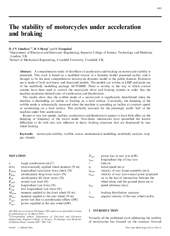 (PDF) The stability of motorcycles under acceleration and braking