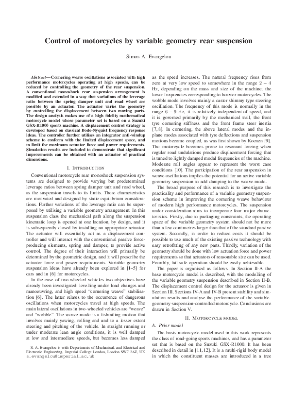 (PDF) Control of motorcycles by variable geometry rear suspension