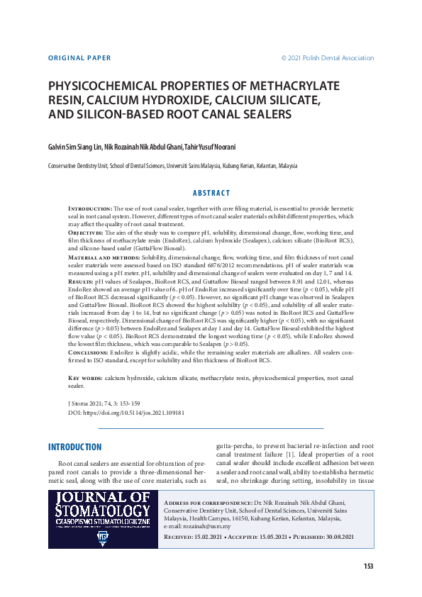 (PDF) PHYSICOCHEMICAL PROPERTIES OF METHACRYLATE RESIN, CALCIUM HYDROXIDE, CALCIUM SILICATE, AND ...