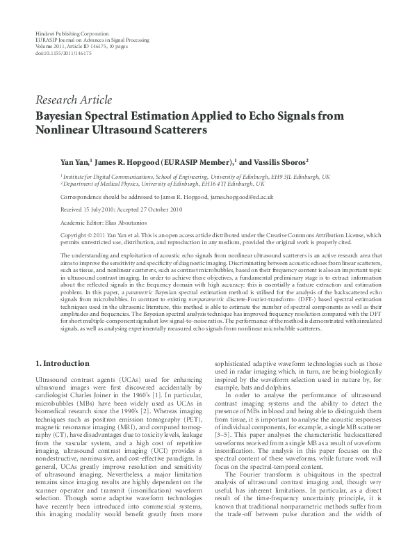 (PDF) Bayesian spectral estimation applied to echo signals from nonlinear ultrasound scatterers