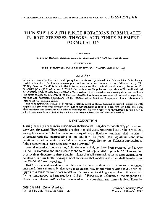 (PDF) Thin shells with finite rotations formulated in biot stresses: Theory and finite element ...