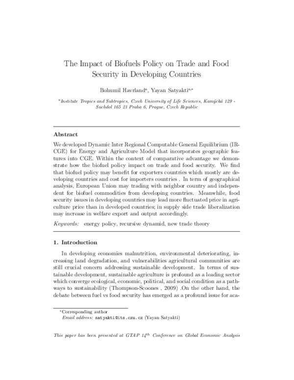 (PDF) The Impact of Biofuels Policy on Trade and Food Security in ...