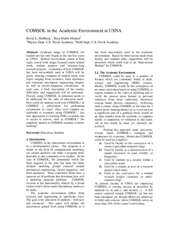 (PDF) COMSOL in the Academic Environment at USNA