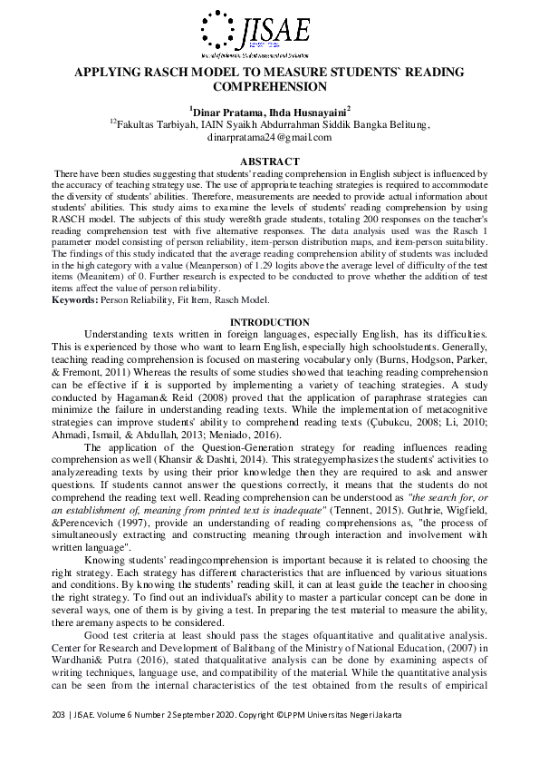 (PDF) Rasch Model Analysis of Students' Reading Skills