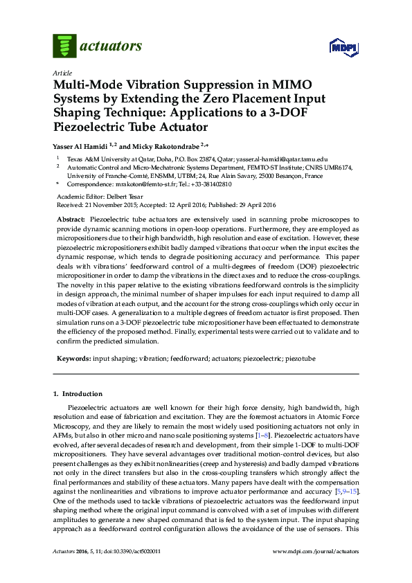 Multi-Mode Vibration Suppression in MIMO Systems by Extending the Zero Placement Input Shaping ...