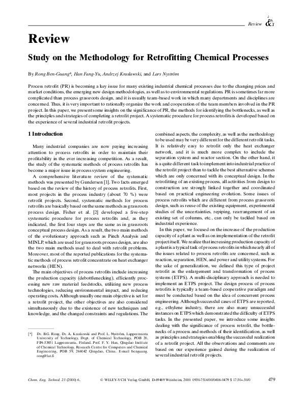 (PDF) Study on the Methodology for Retrofitting Chemical Processes