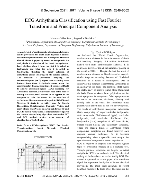 Pdf Ecg Arrhythmia Classification Using Fast Fourier Transform And Principal Component Analysis