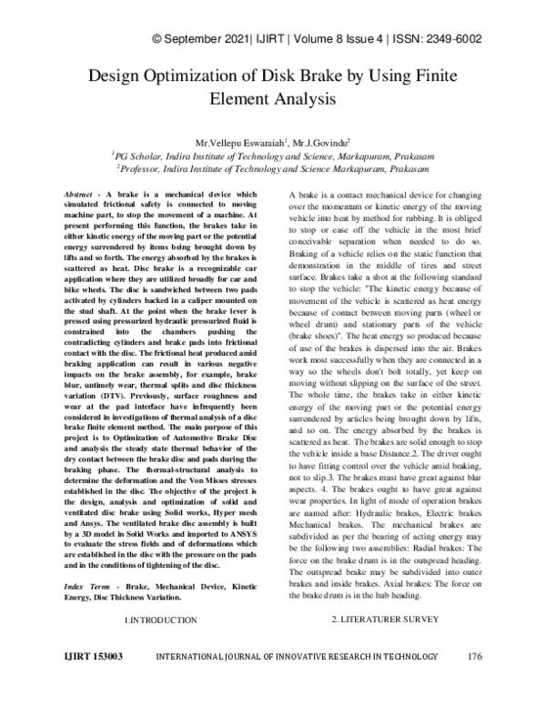 (PDF) Design Optimization of Disk Brake by Using Finite Element Analysis