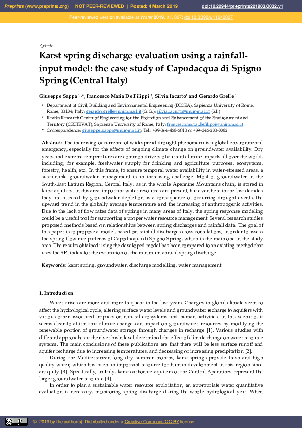 (PDF) Karst Spring Discharge Evaluation Using a Rainfall-Input Model: The Case Study of ...