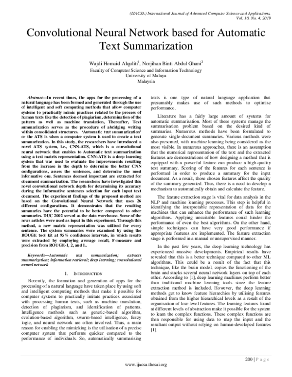 (PDF) Convolutional Neural Network based for Automatic Text Summarization