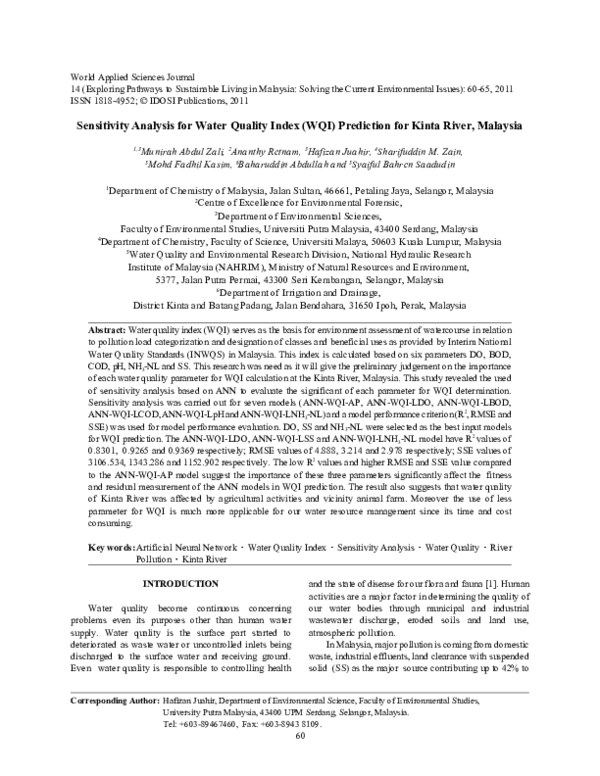 (PDF) Sensitivity analysis for Water Quality Index (WQI) prediction for Kinta River, Malaysia