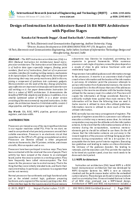 (PDF) Design of Instruction Set Architecture Based 16 Bit MIPS Architecture with Pipeline Stages