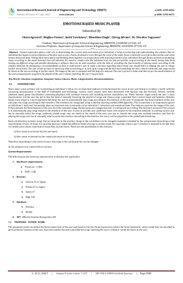 (PDF) EMOTIONS BASED MUSIC PLAYER Submitted By