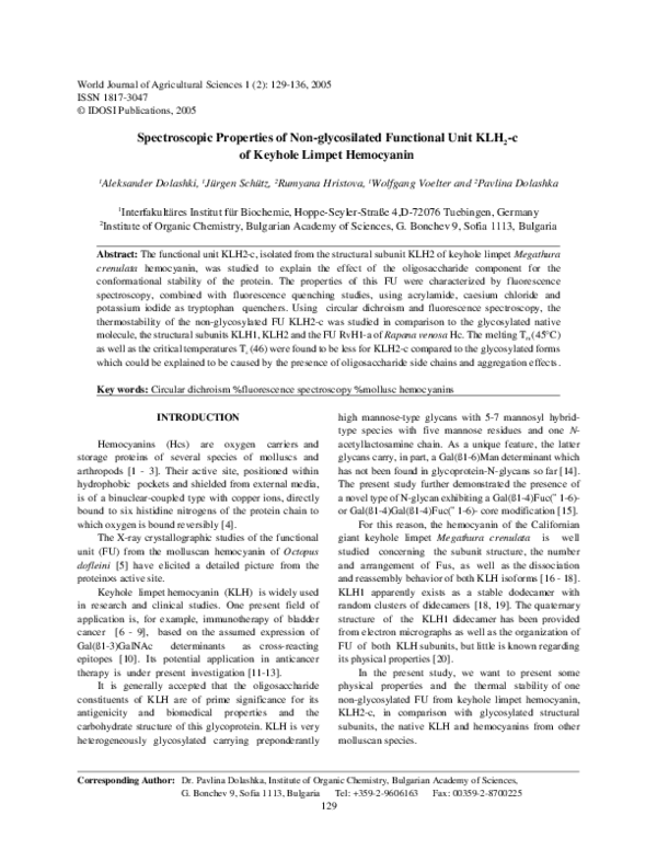 (PDF) Spectroscopic Properties of Non-glycosilated Functional Unit KLH2 ...