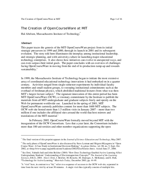 (PDF) The Creation of OpenCourseWare at MIT