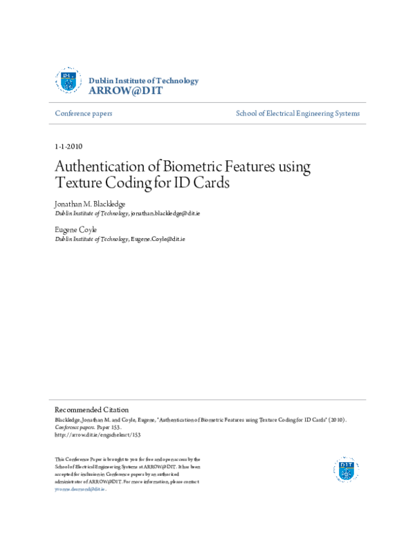 Pdf Authentication Of Biometric Features Using Texture Coding For Id