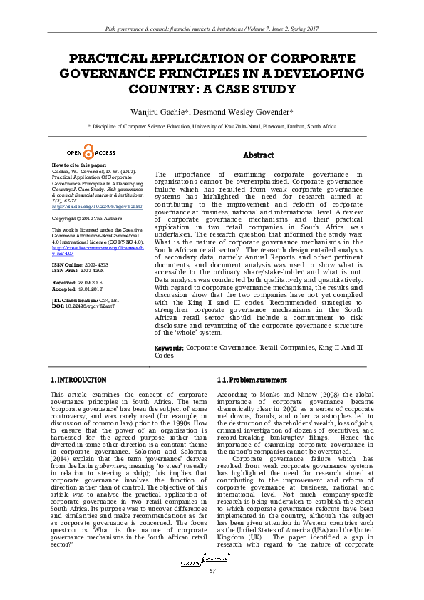 (PDF) Practical Application of Corporate Governance Principles in a ...