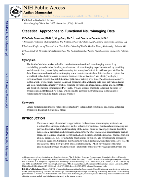 (PDF) Statistical Approaches to Functional Neuroimaging Data